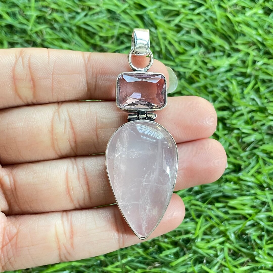 Rose Quartz & Kunzite Pendant: Handmade 925 Sterling Silver Gemstone ...