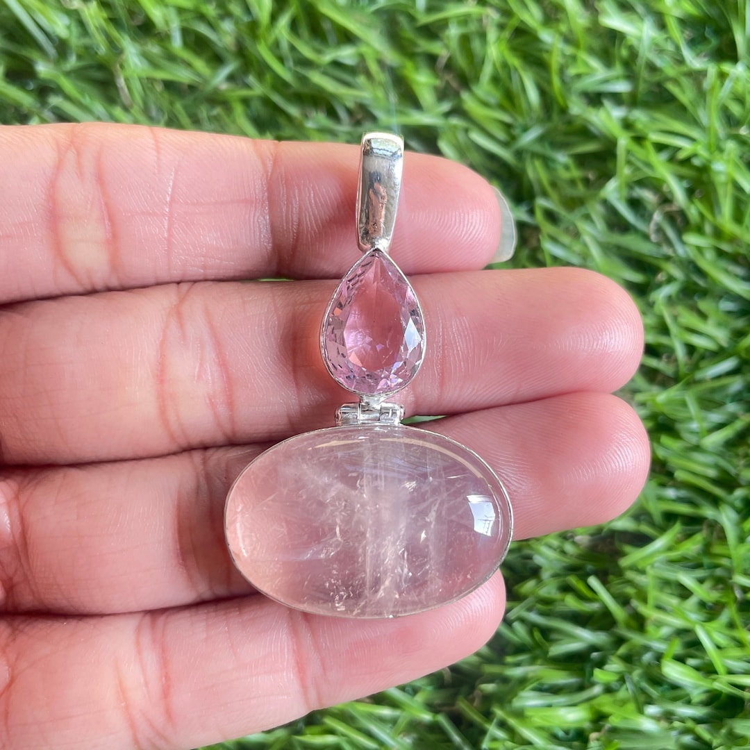 Rose Quartz & Kunzite Pendant Necklace: 925 Sterling Silver Healing ...