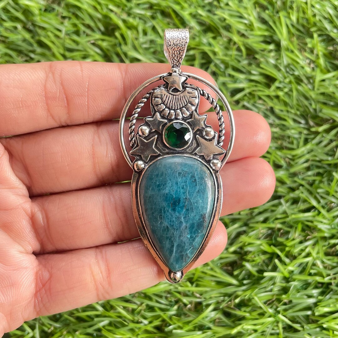 Handmade Neon Blue Apatite & Diopside 925 Sterling Silver Pendant - Etsy