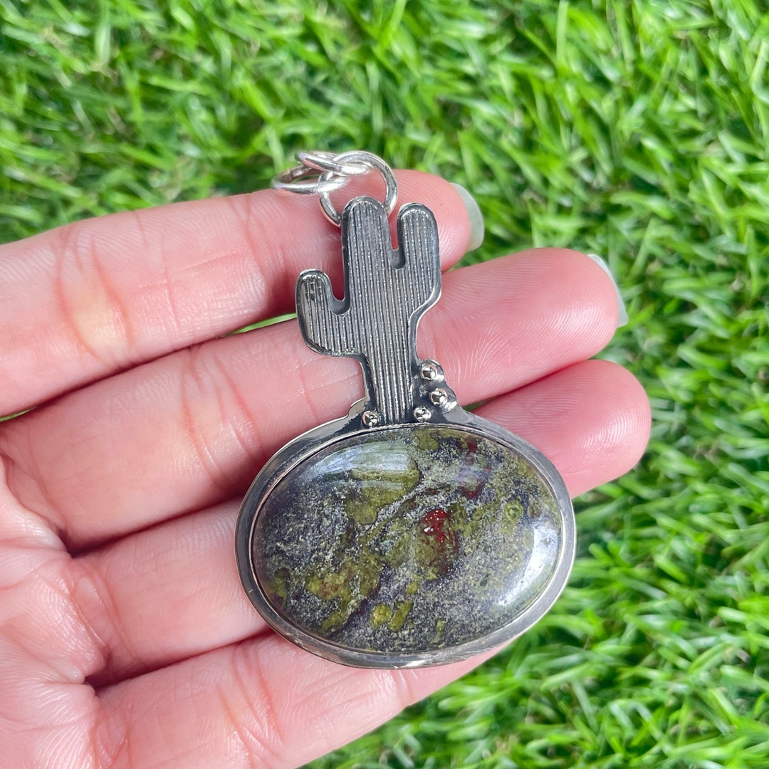 Dragons Blood Jasper Cactus Pendant, Handmade Sterling Silver Gemstone ...