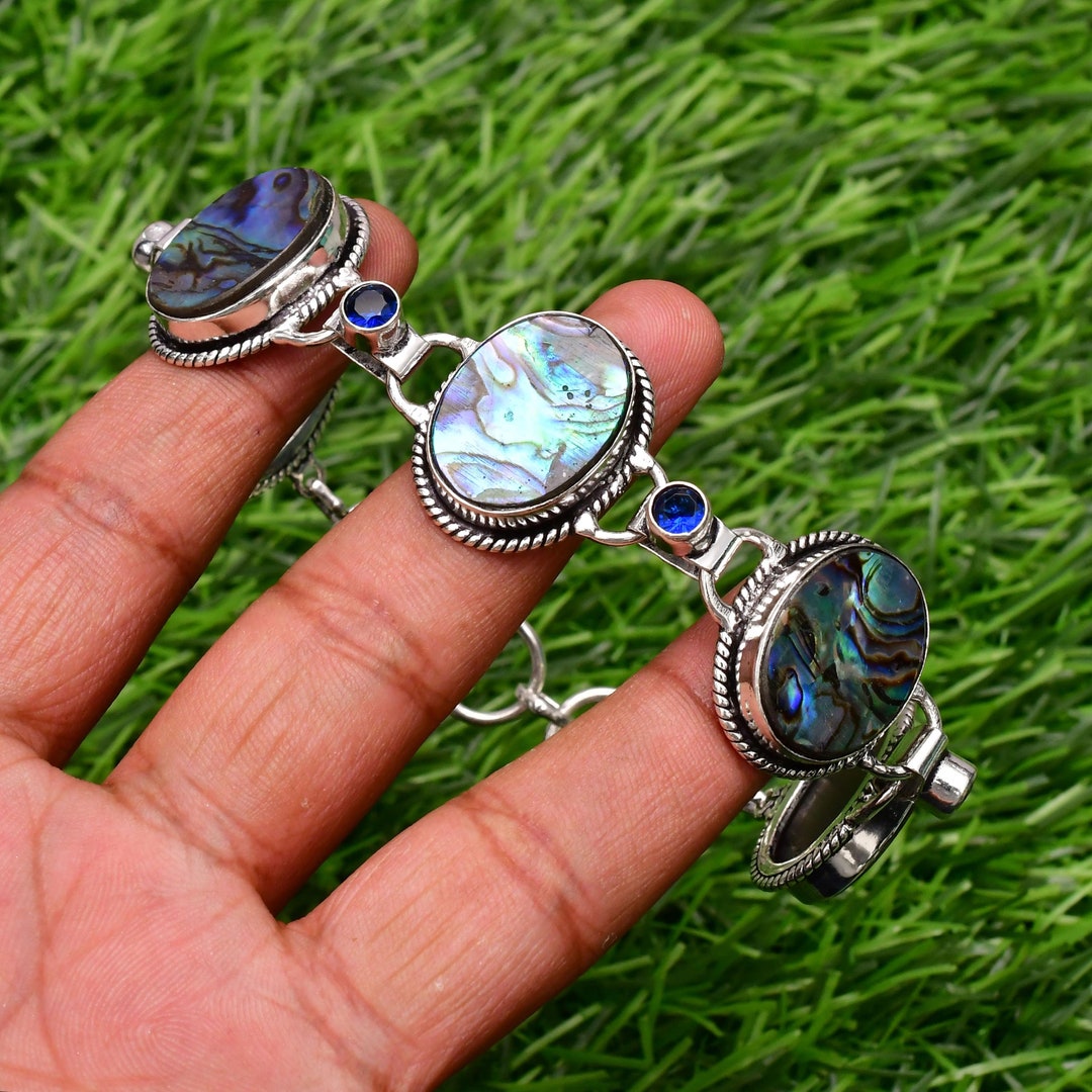 Handmade Abalone Shell 925 Sterling Silver Bracelet With Blue Sapphire ...