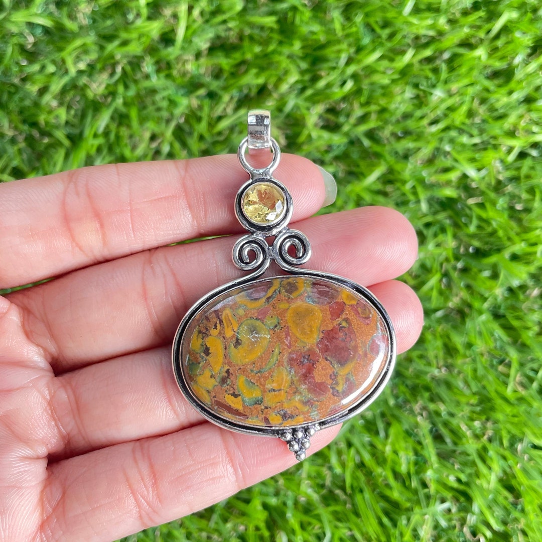 Handmade Bamboo Jasper & Citrine 925 Sterling Silver Pendant - Etsy