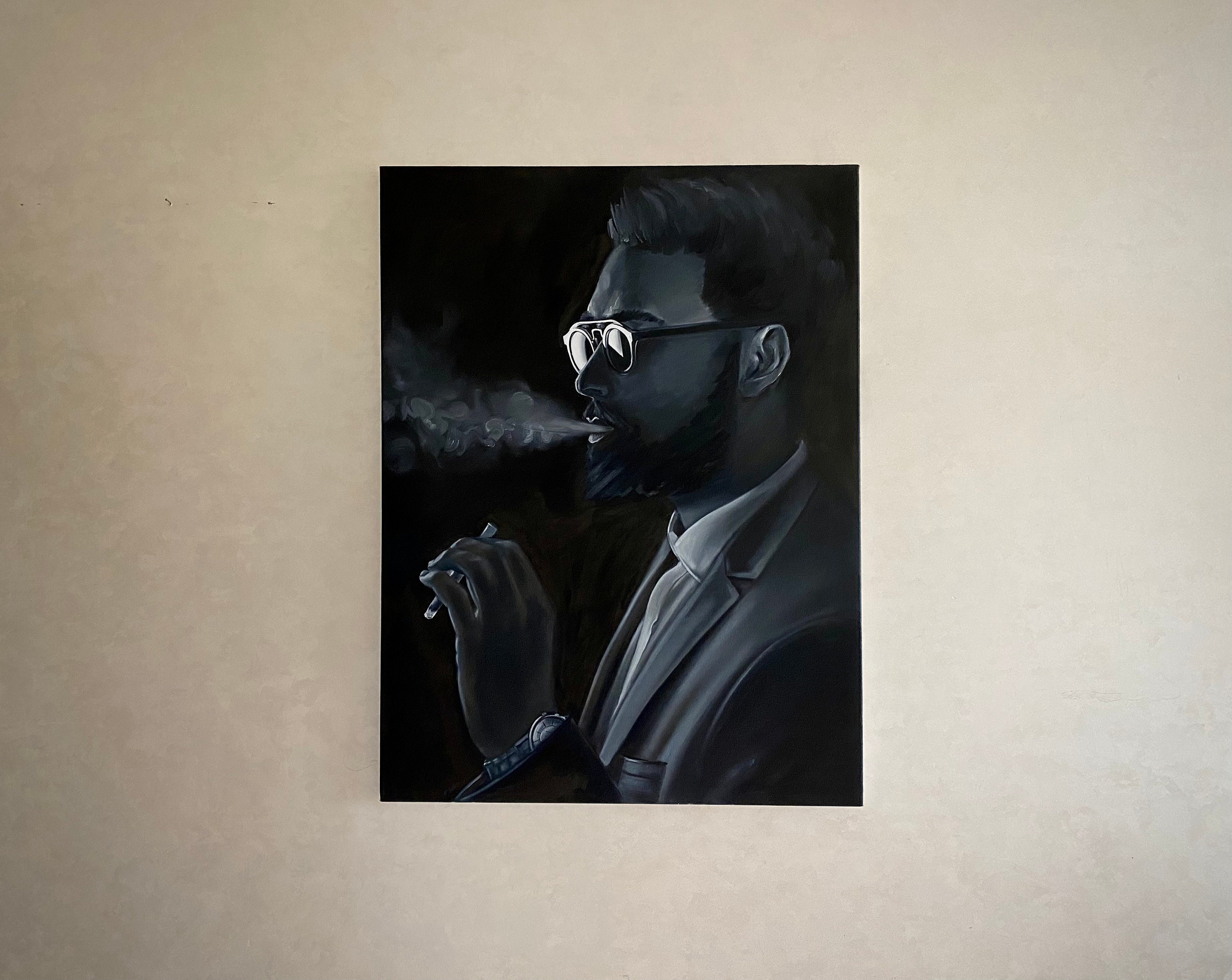 Man in Suit Smoking Cigar Painting, Smoking Man Wall Art, Gentleman ...