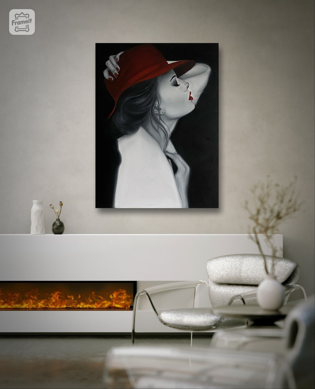 Lady in Red Hat Painting, Red Lips Painting, Sensual Painting, Black ...