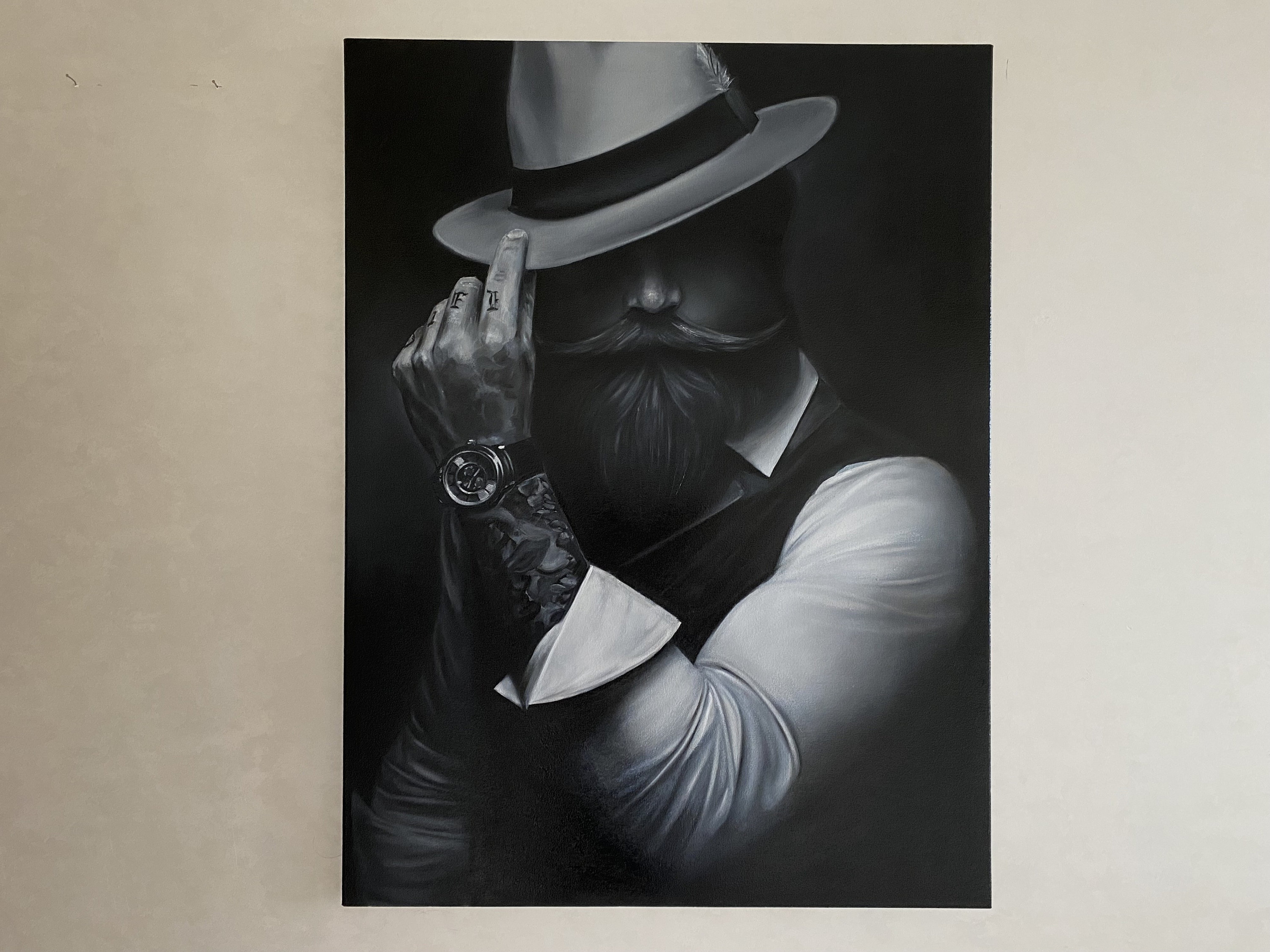 Monochromatic Gentleman Oil Painting, Tattooed Man Portrait, Barbershop ...