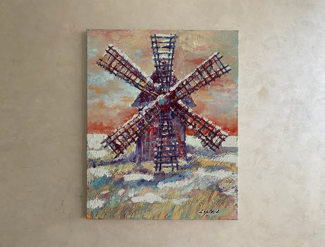 Windmill Oil Painting, Scenic Meadow Landscape Artwork, Ready to Hang ...