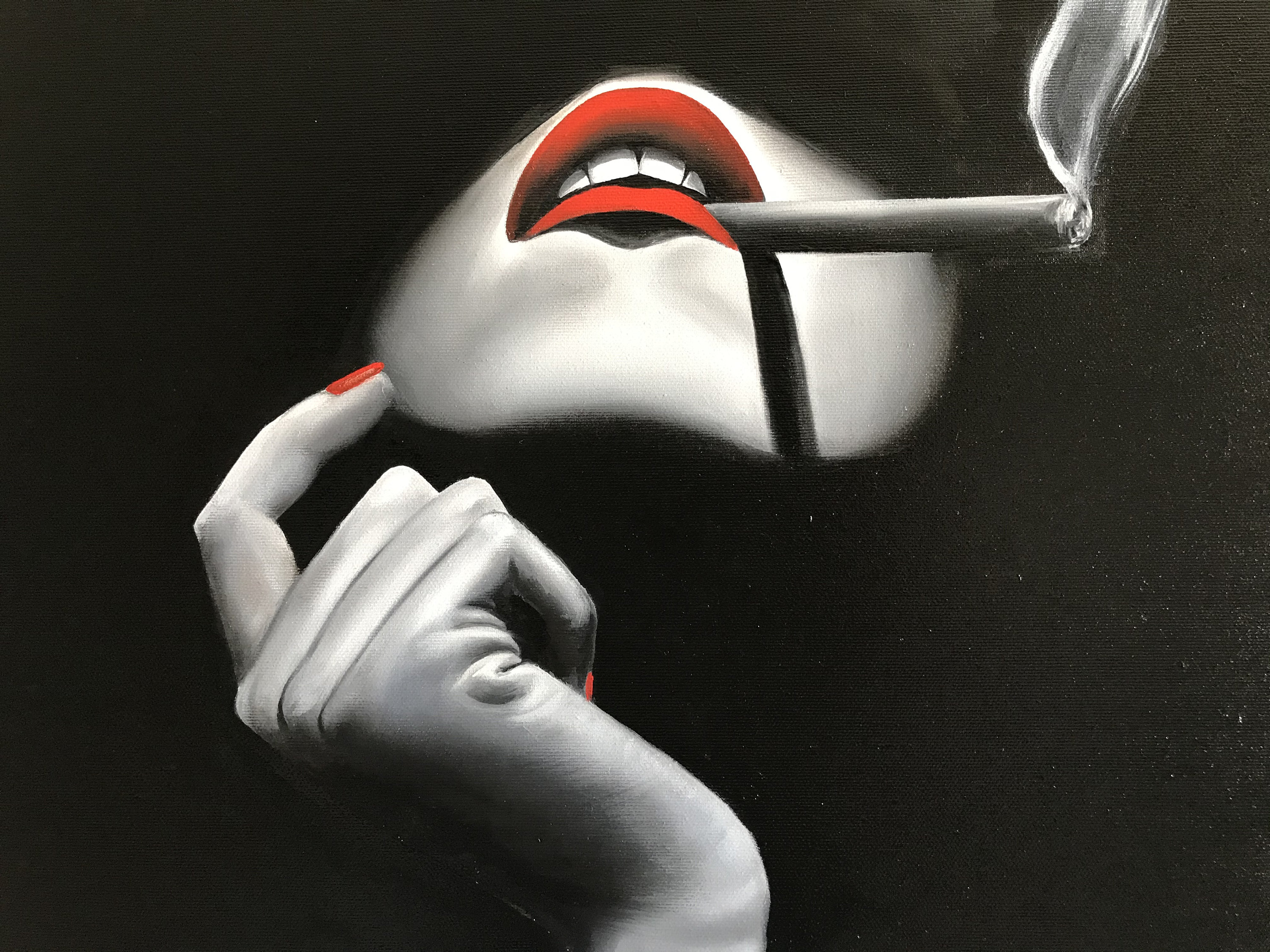 Lady in Hat Painting, Cigar Canvas Art, Original Oil Painting, Smoke ...