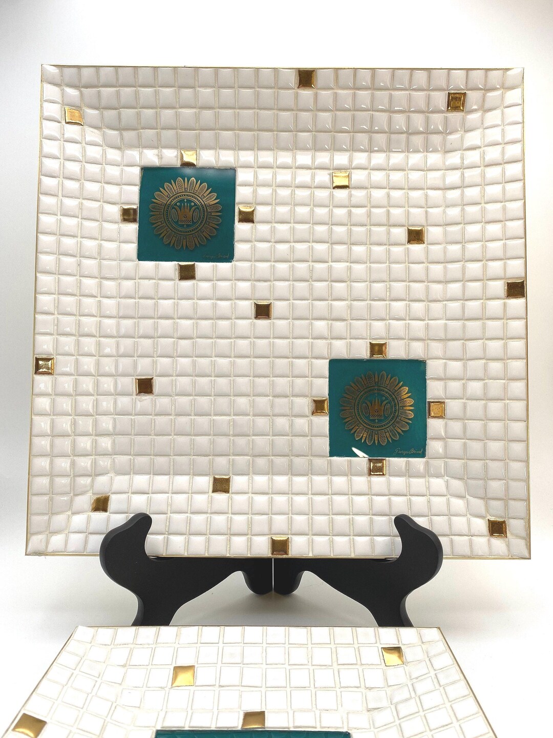 Vintage MCM Georges Briard White Gold Teal Mosaic Tile Tray Set Vintage ...