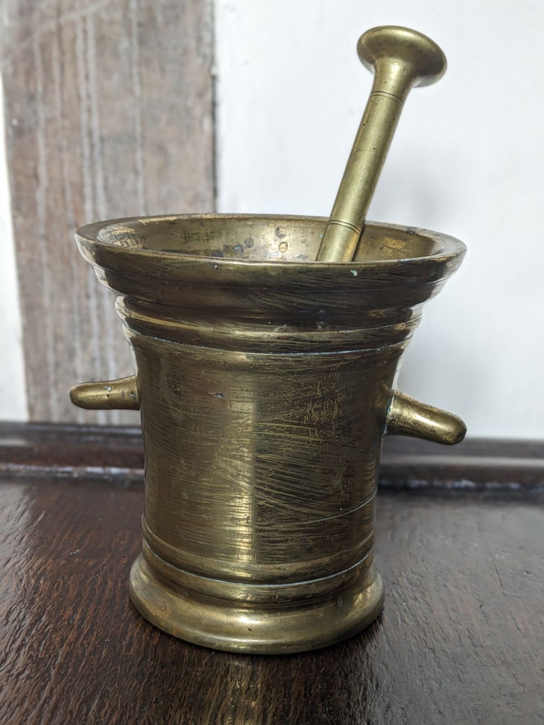 Antique Pestle & Mortar Bowl. Heavy Solid Brass Band Patterned. 17th ...