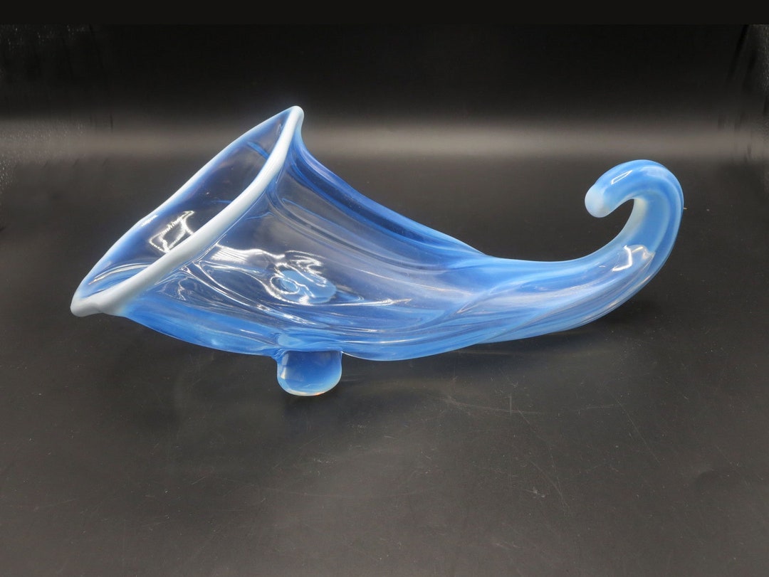 Duncan Miller Blue Opalescent Cornucopia Glass Vase Floral Centerpiece ...