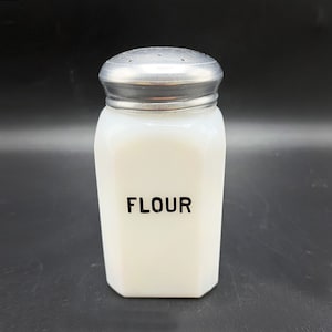 Hazel Atlas FLOUR Range Shaker Black Letters White Milk Glass Vintage ...