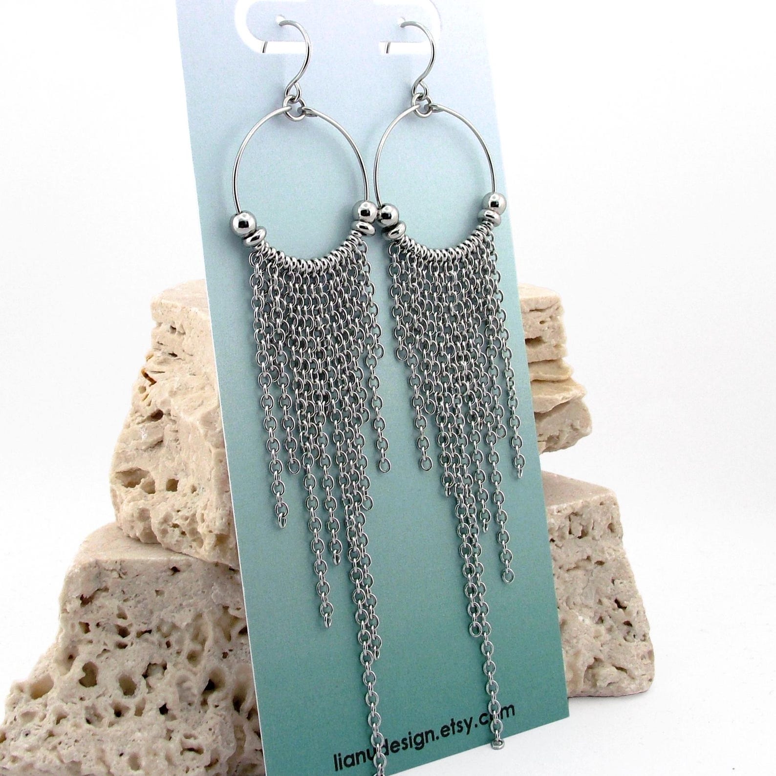 Messy Chain Fringe Earrings, Stainless Steel Dangle Earrings, Handmade ...