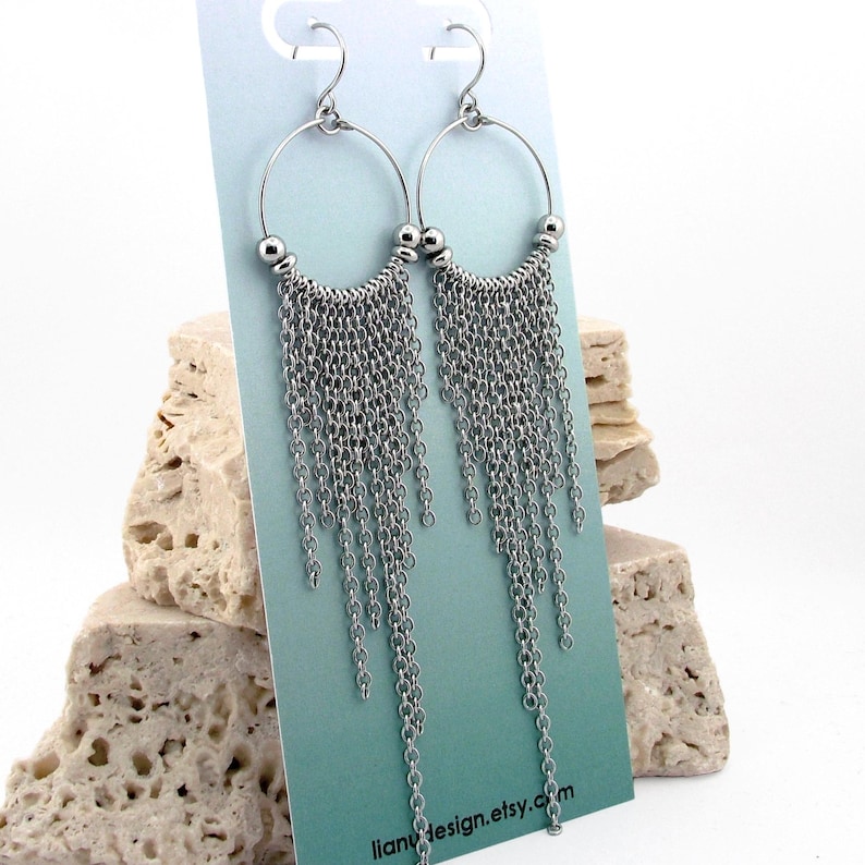 Messy Chain Fringe Earrings, Stainless Steel Dangle Earrings, Handmade ...