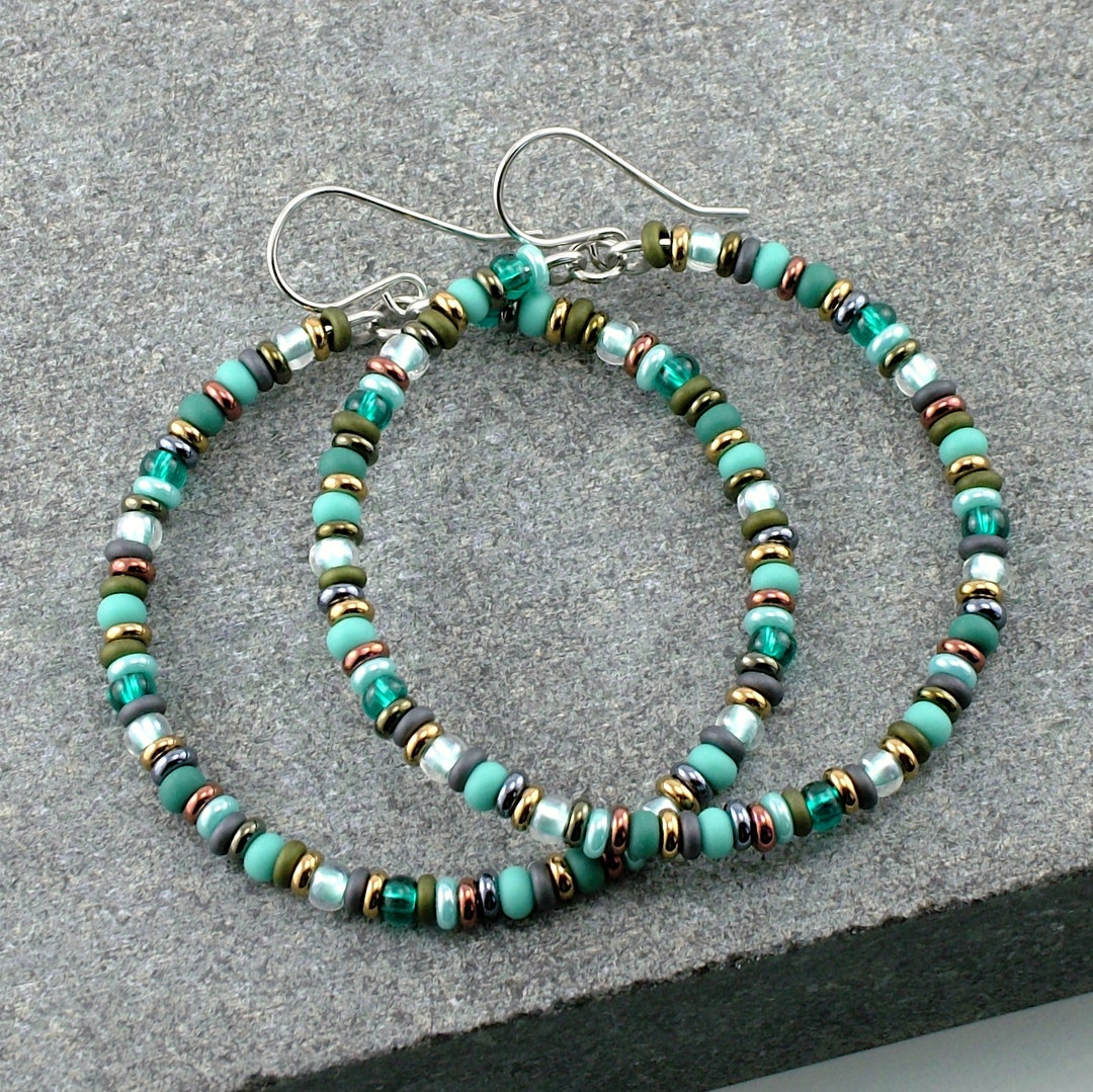 Colorful Seed Bead Hoop Earrings, Boho Handmade Jewelry for Women ...