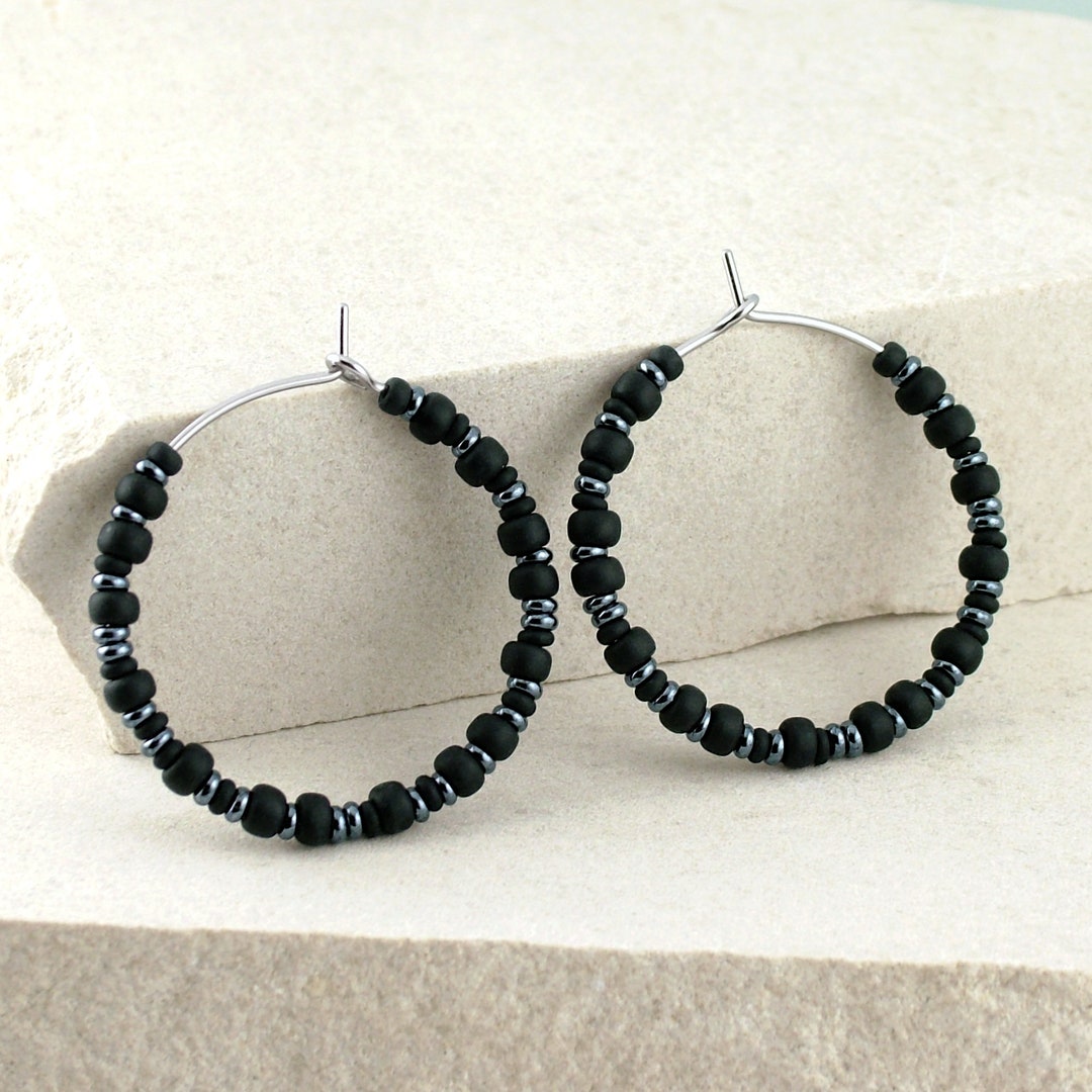 Small Hoop Earrings, Minimalist Handmade Jewelry for Women, Black Beaded Hoop Earrings, 316L ...