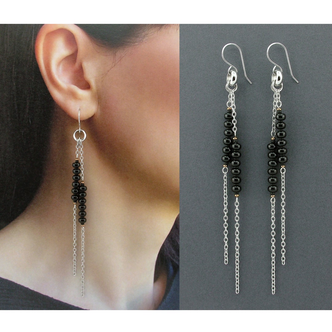 Black Beaded Dangle Earrings, Long Chain Fringe Earrings, Handmade ...