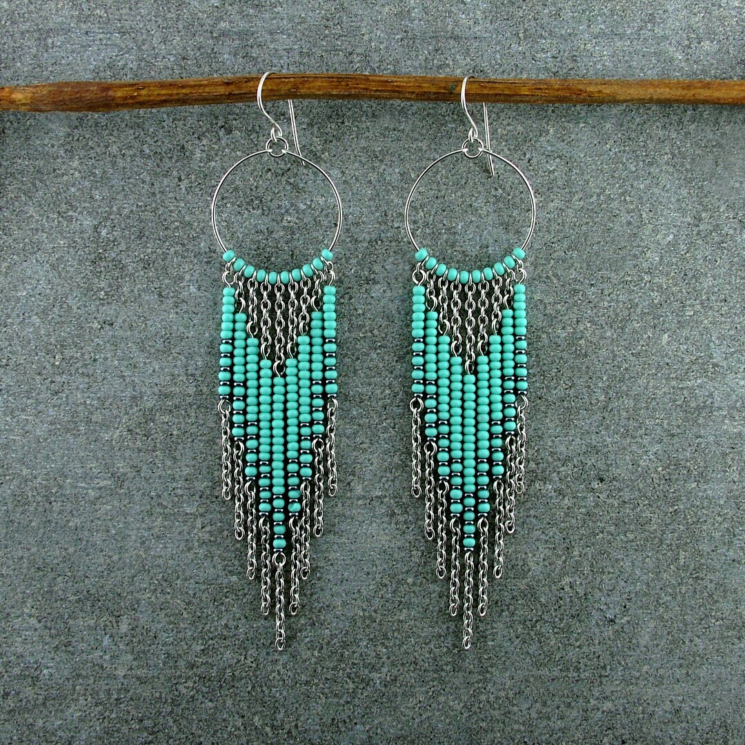 Boho Dangle Beaded Earrings, Seed Bead Fringe Hoop Earrings With Chain ...