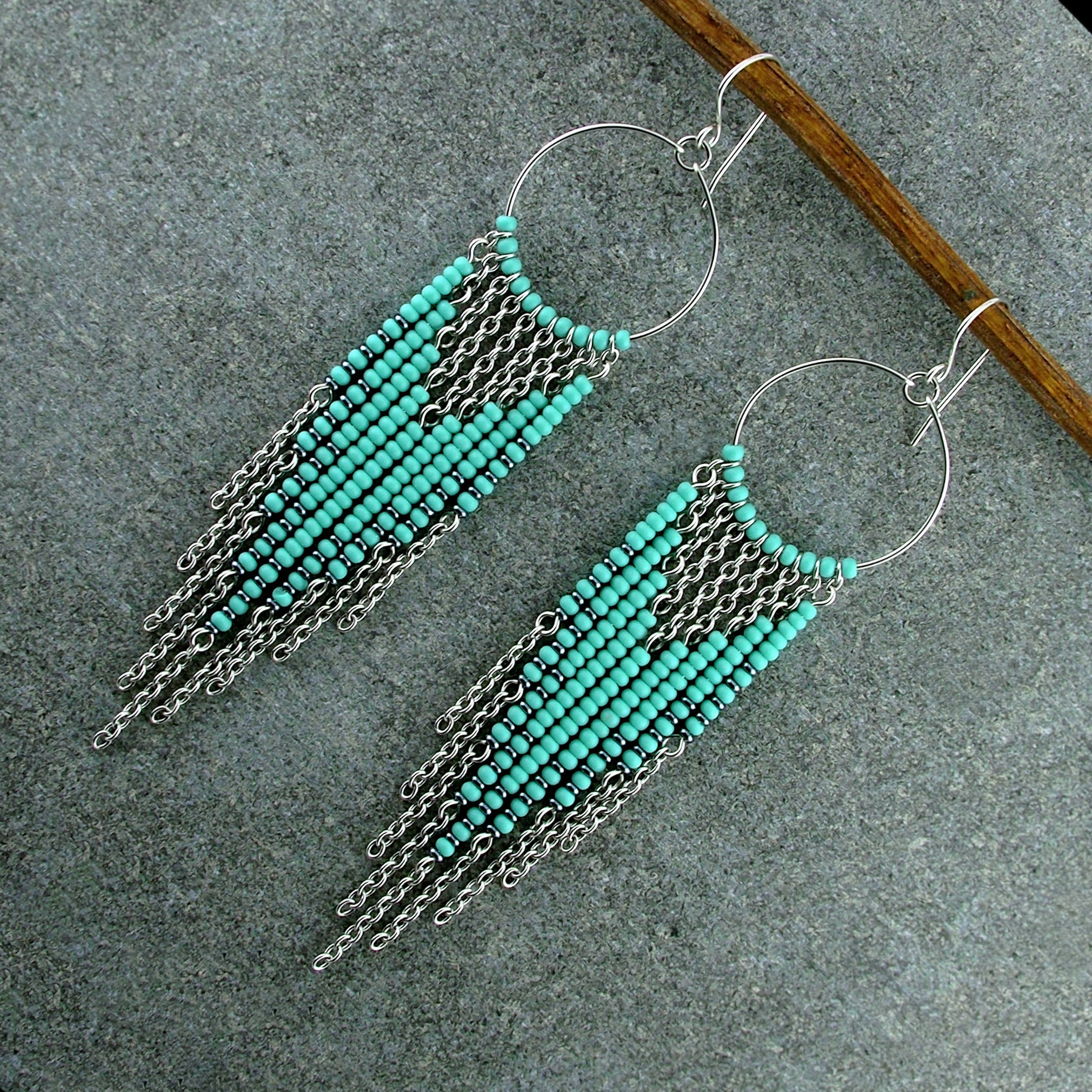 Boho Dangle Beaded Earrings, Seed Bead Fringe Hoop Earrings With Chain ...