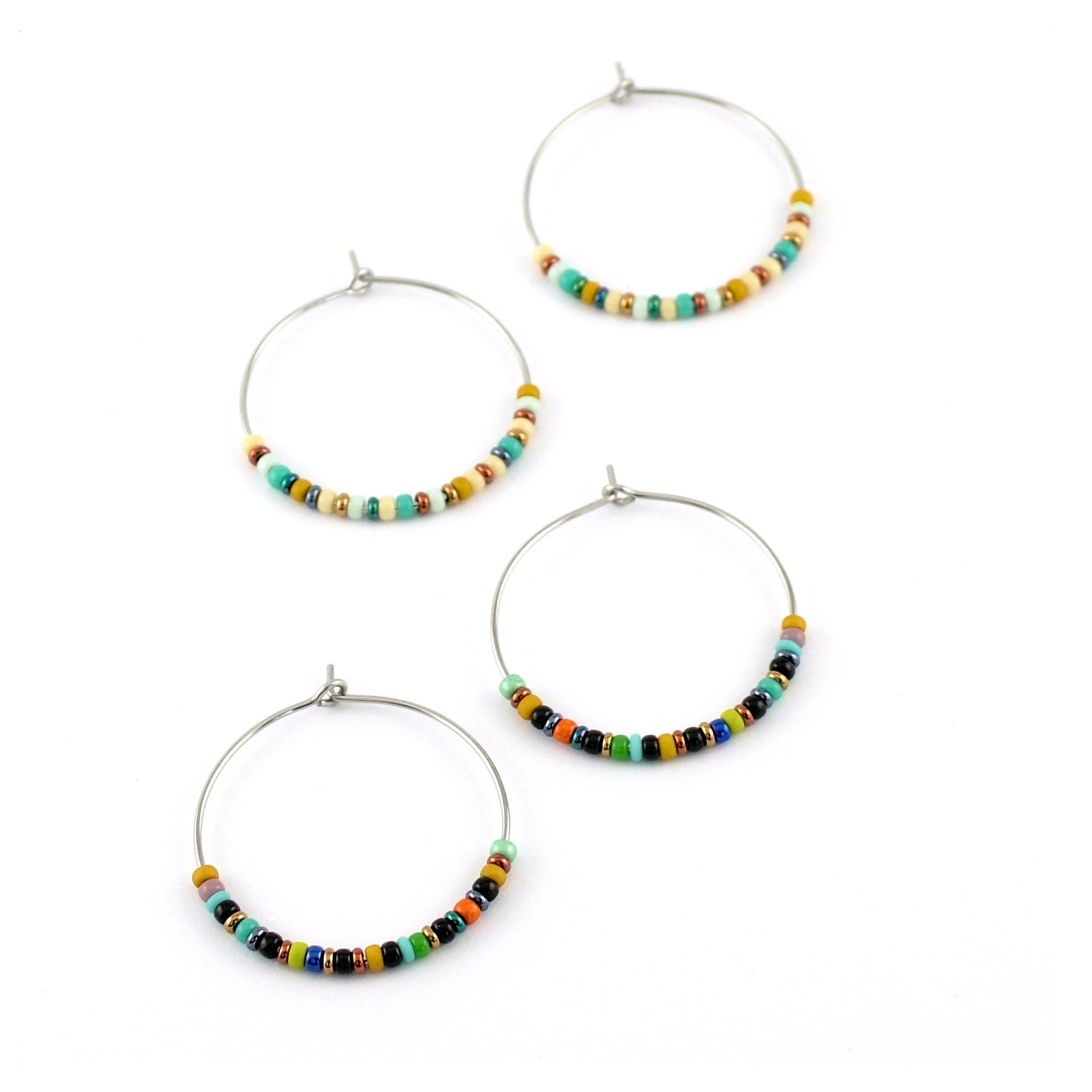 Handmade Beaded Hoop Earrings Set of 2 Pairs, Multicolor Boho Jewelry ...