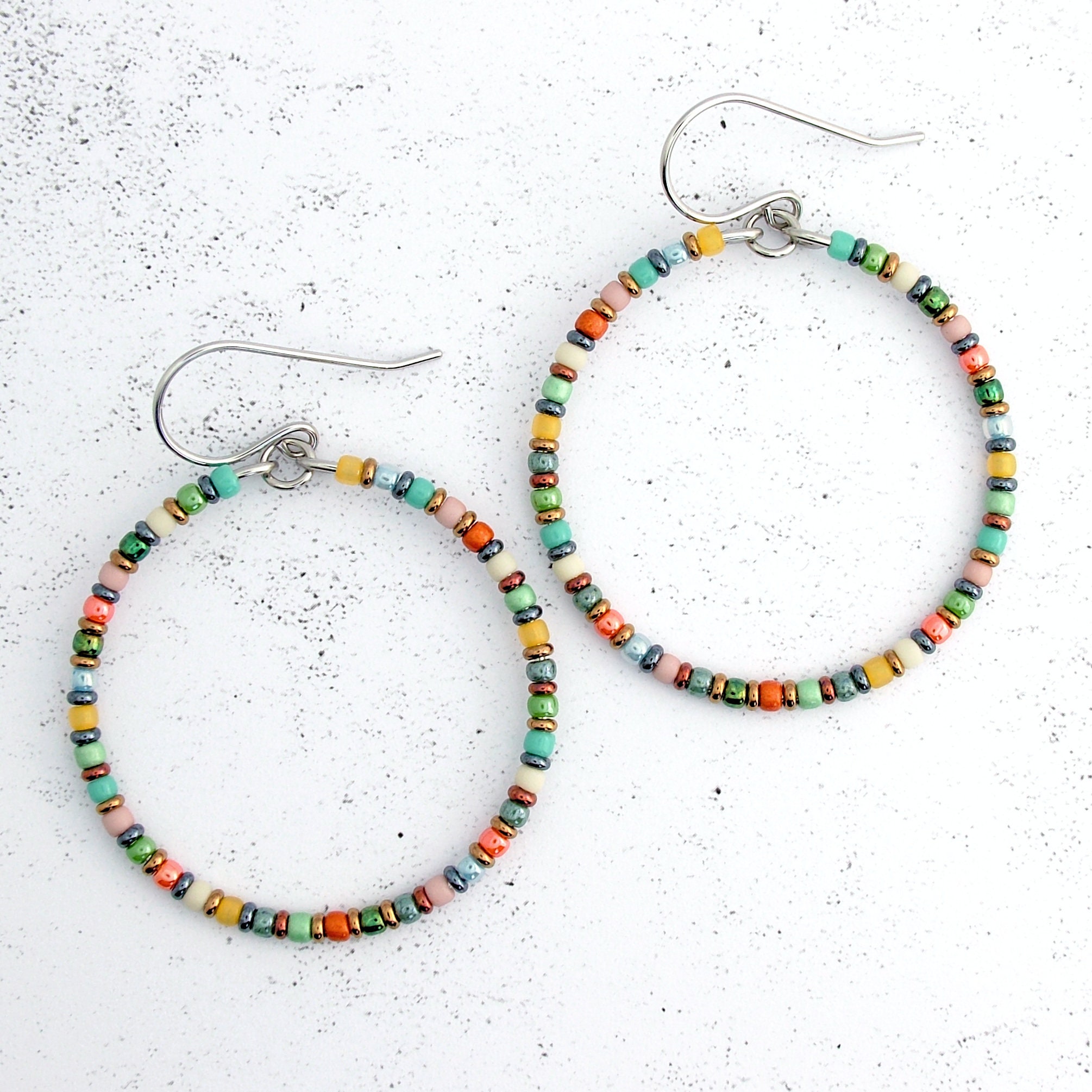 Colorful Seed Bead Hoop Earrings, Handmade Jewelry for Women, Dangle ...
