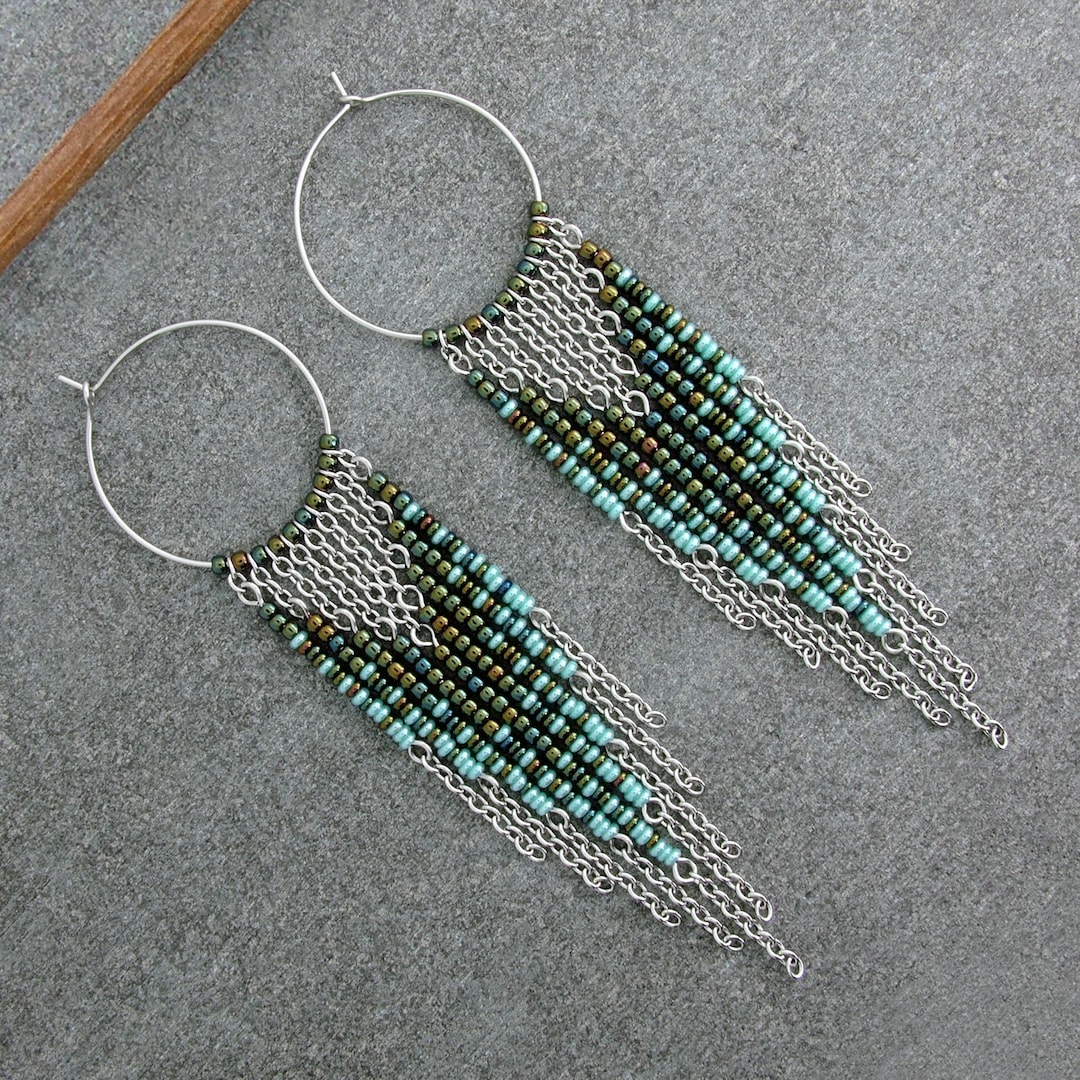 Seed Bead Earrings, Dangle Fringe Hoop Earrings, Unique Handmade ...