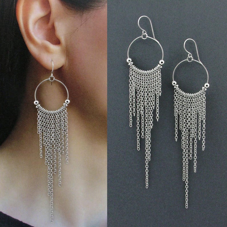Messy Chain Fringe Earrings, Stainless Steel Dangle Earrings, Handmade ...