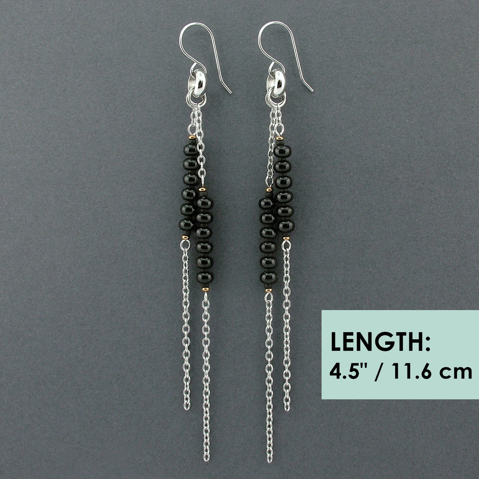 Black Beaded Dangle Earrings, Long Chain Fringe Earrings, Handmade ...