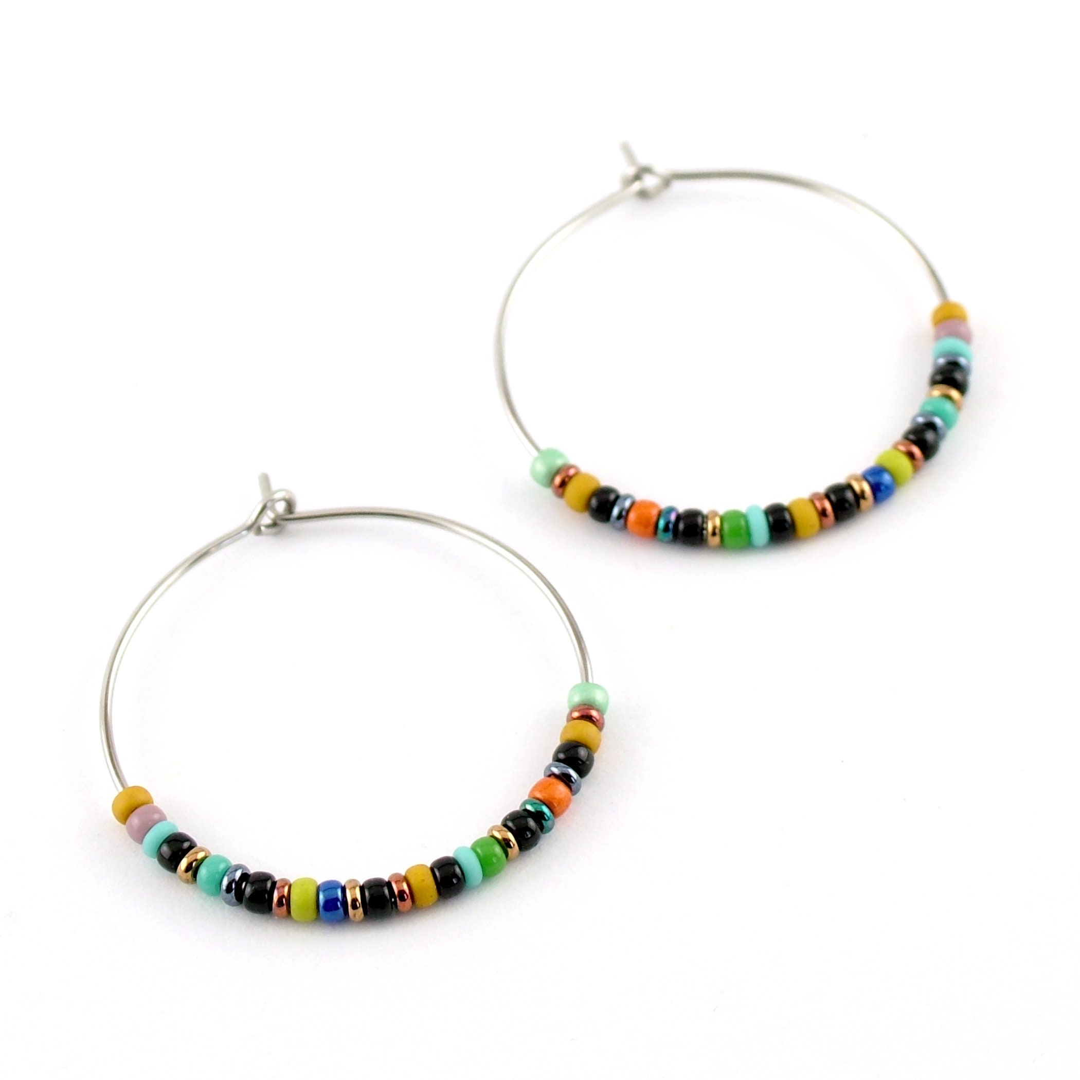 Handmade Beaded Hoop Earrings Set of 2 Pairs, Multicolor Boho Jewelry ...