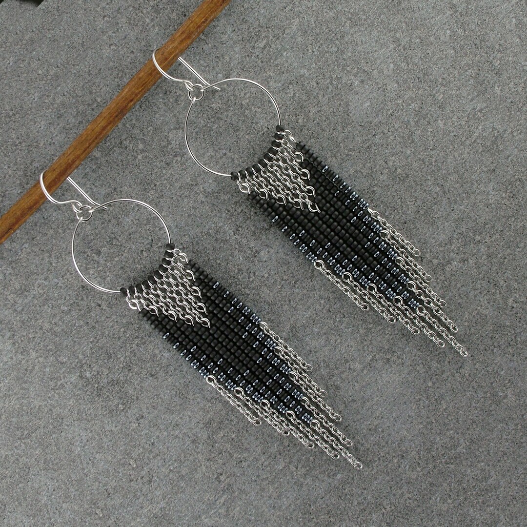 Beaded Fringe Hoop Earrings, Handmade Jewelry for Women, Black Seed ...