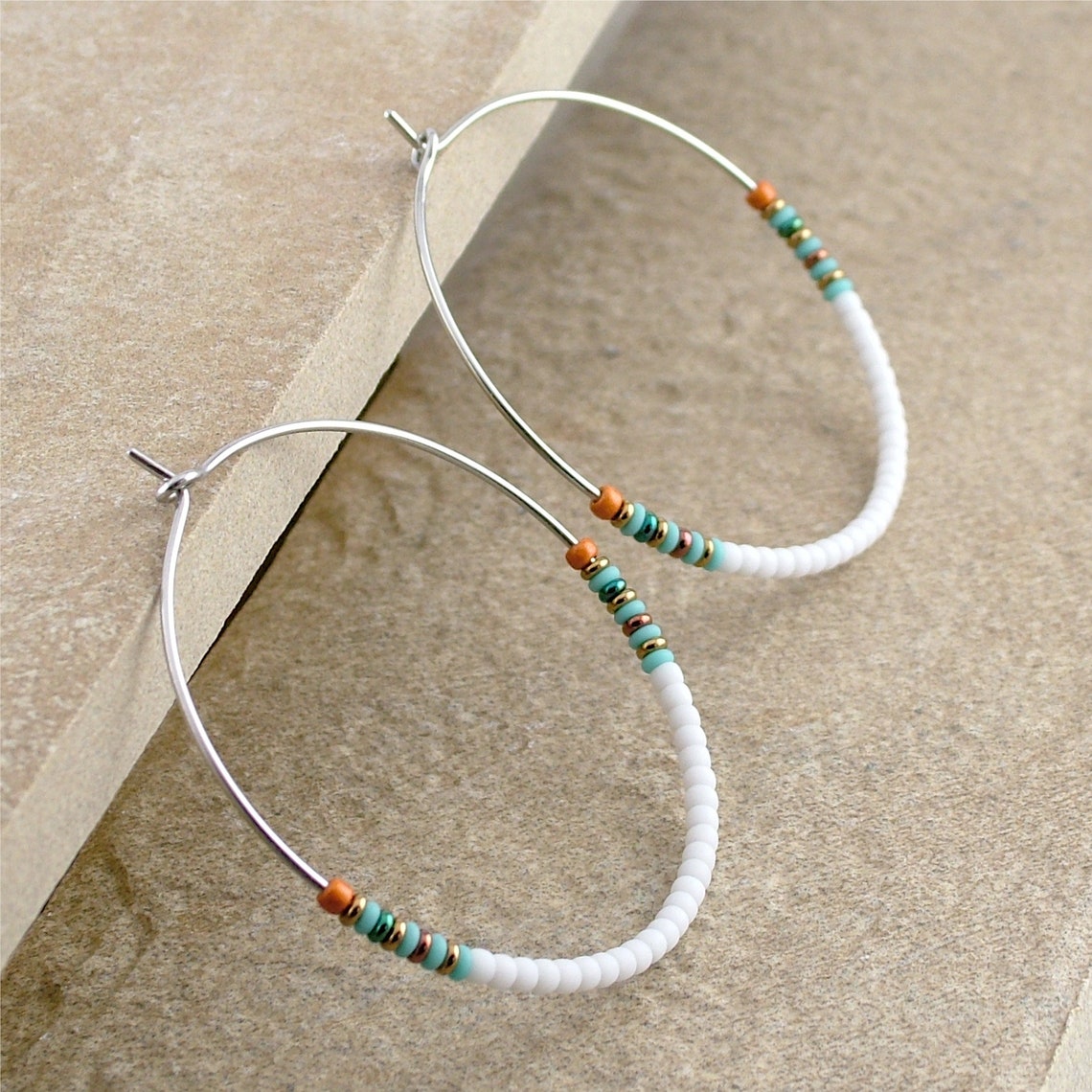 Boho Beaded Hoop Earrings, Handmade Bohemian Jewelry for Women, White ...