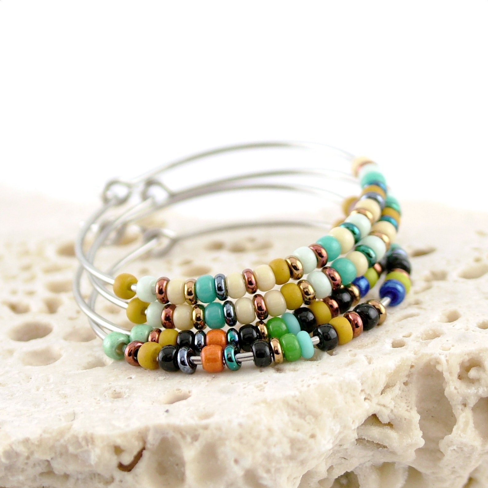 Handmade Beaded Hoop Earrings Set of 2 Pairs Multicolor Boho | Etsy