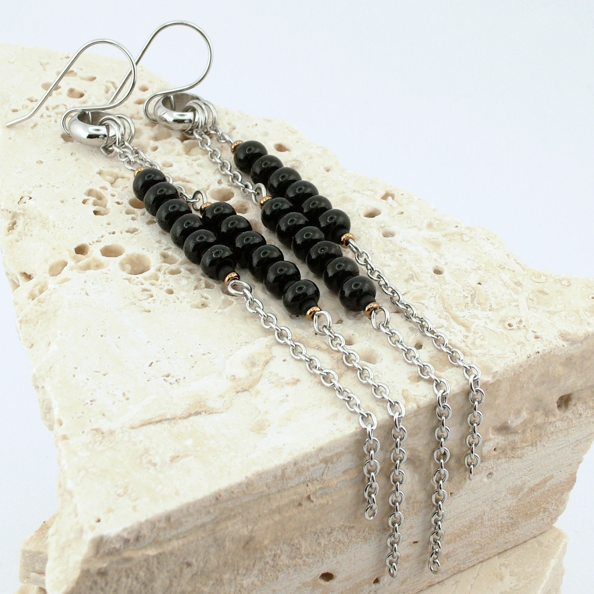 Black Beaded Dangle Earrings, Long Chain Fringe Earrings, Handmade ...