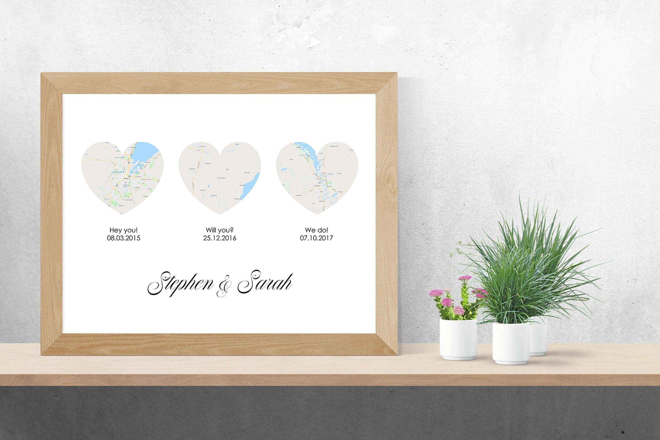 Personalised Three Heart Map Design, Locations, Wedding Gift ...