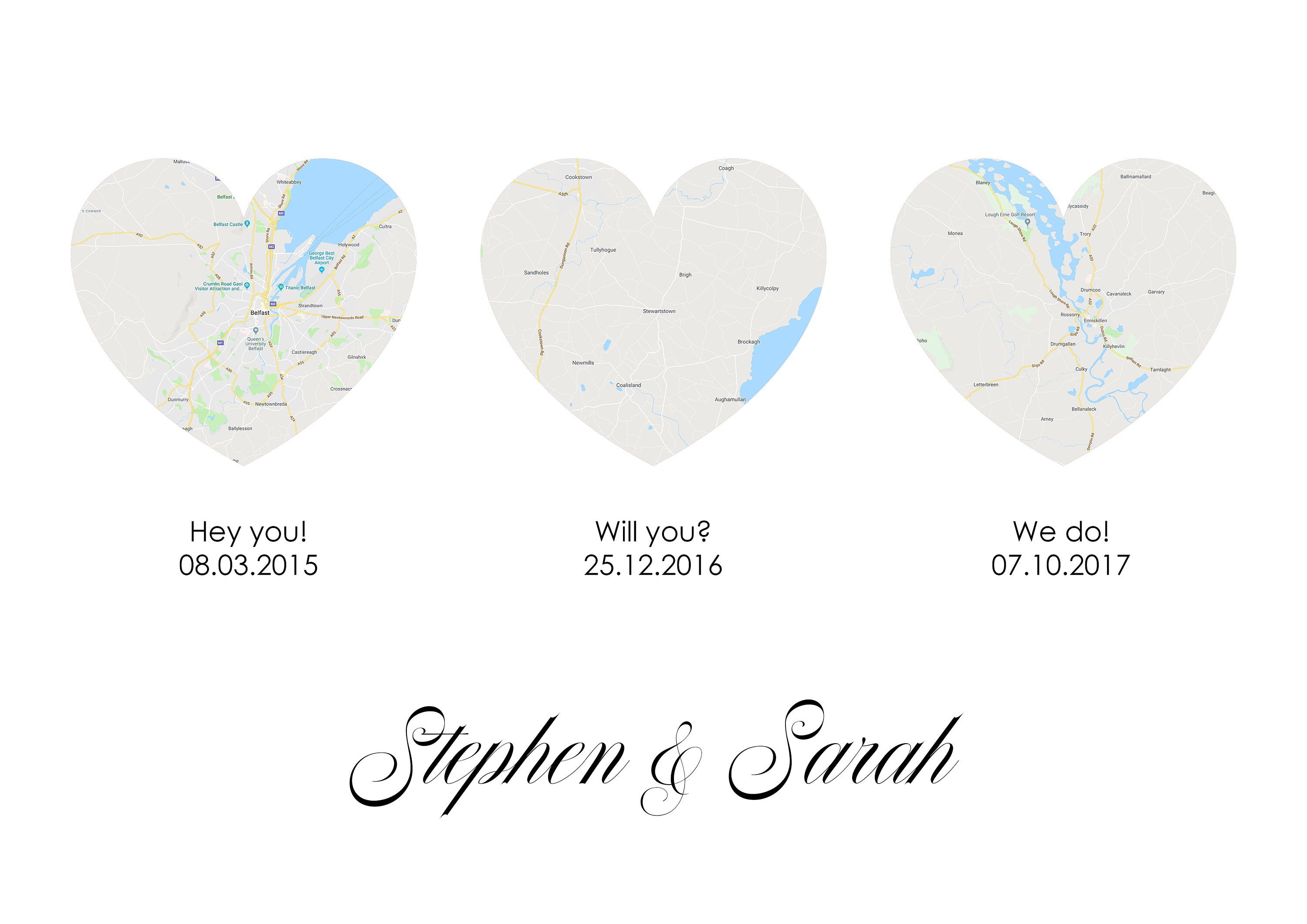 Personalised Three Heart Map Design, Locations, Wedding Gift ...