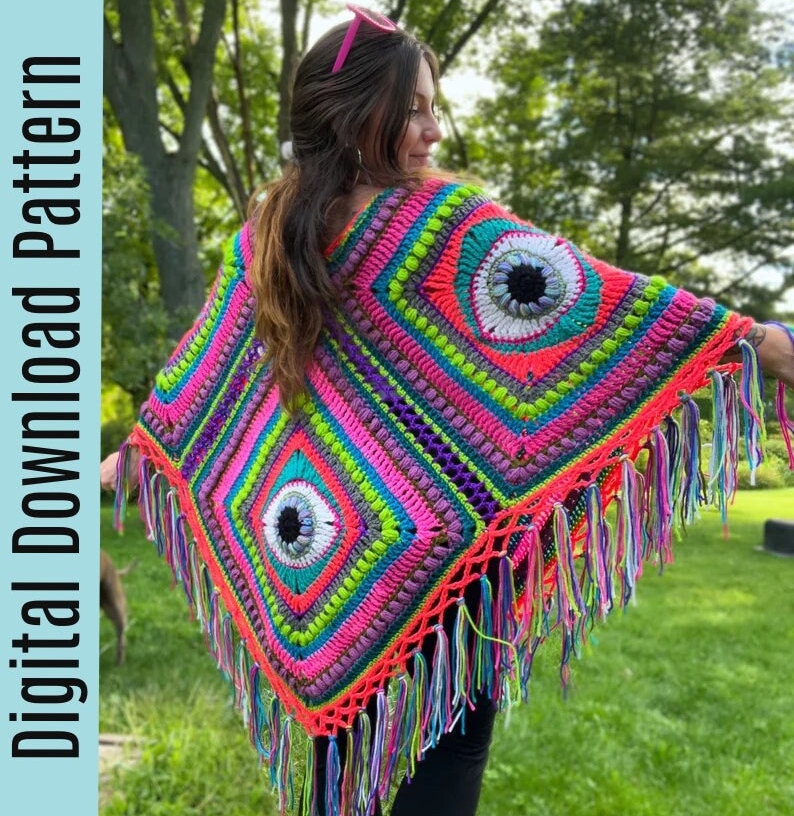 Trippy Eyeball Crochet Poncho Pattern: Boho Fringe Shawl (PDF Digital ...
