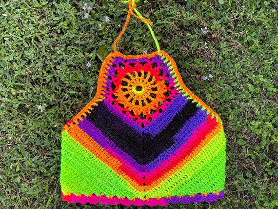 MADE TO ORDER Crochet Crop Top Trippy Neon Rave Babe | Etsy