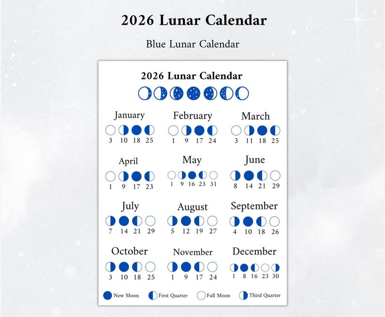 2026 Moon Calendar, Moon Phase Calendar, Lunar Calendar, 2026 Lunar ...