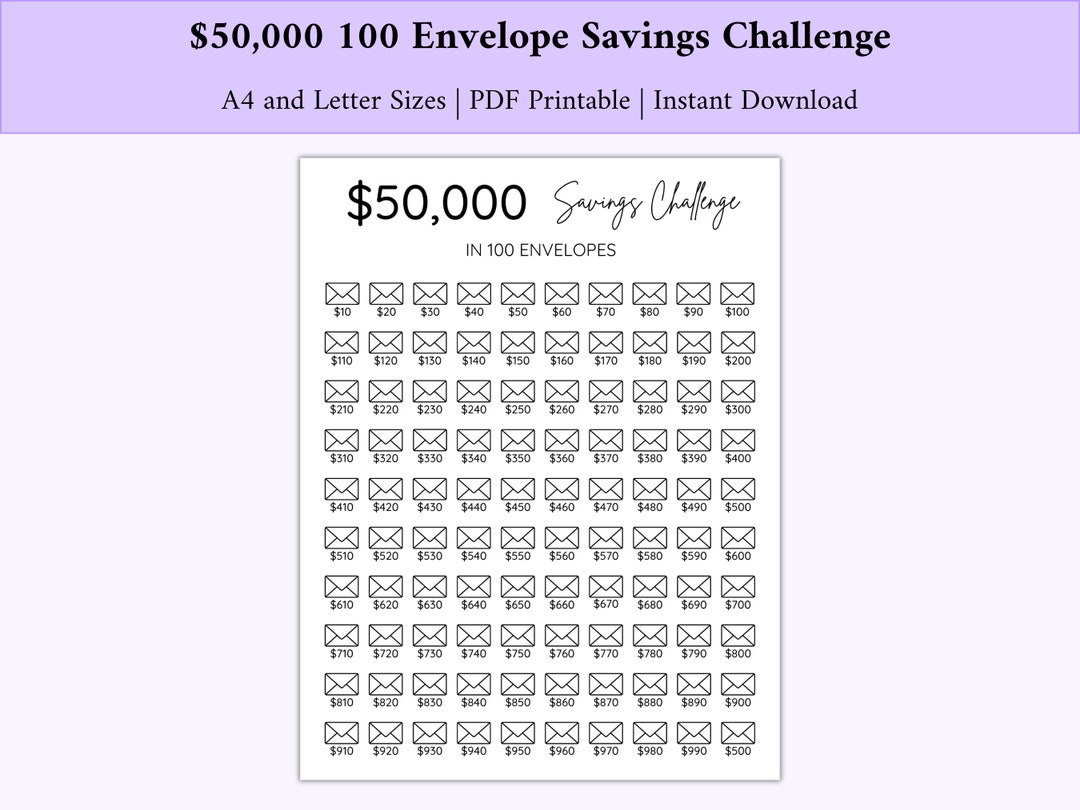50,000 Savings Challenge Printable, 100 Envelope Challenge Printable ...