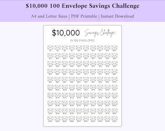 10K, 100 Envelope Savings Challenge Printable, Money Savings Challenge, Digital Download, Money ...