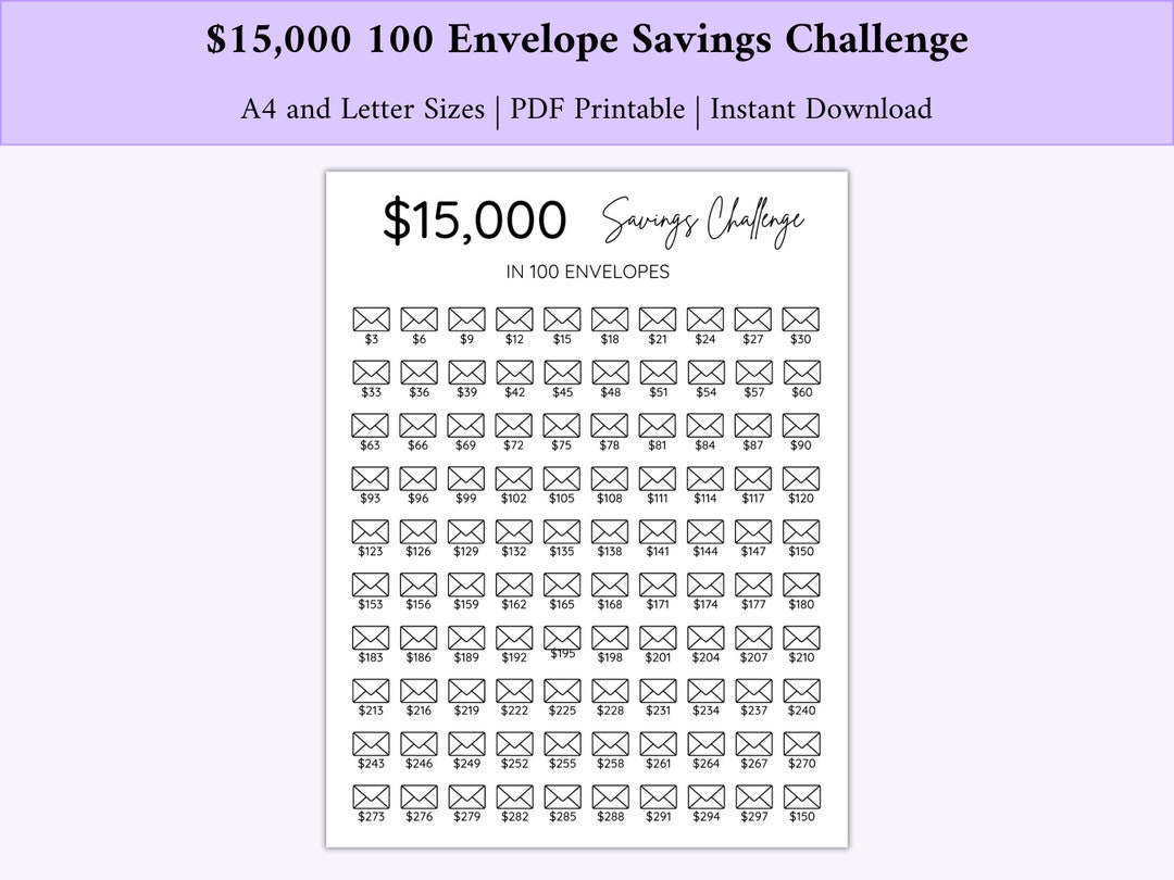 15,000 Savings Challenge Printable, 100 Envelope Challenge Printable ...