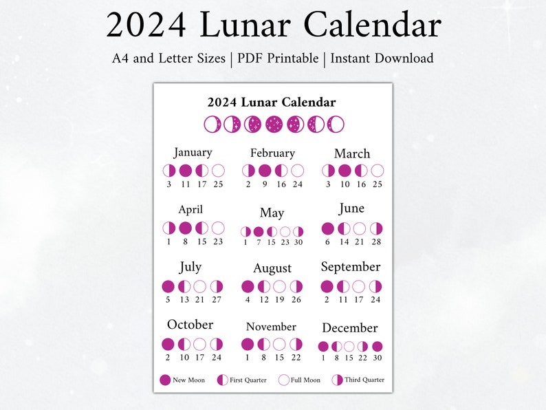 2024 Moon Calendar Moon Phase Calendar Lunar Calendar 2024 - Etsy