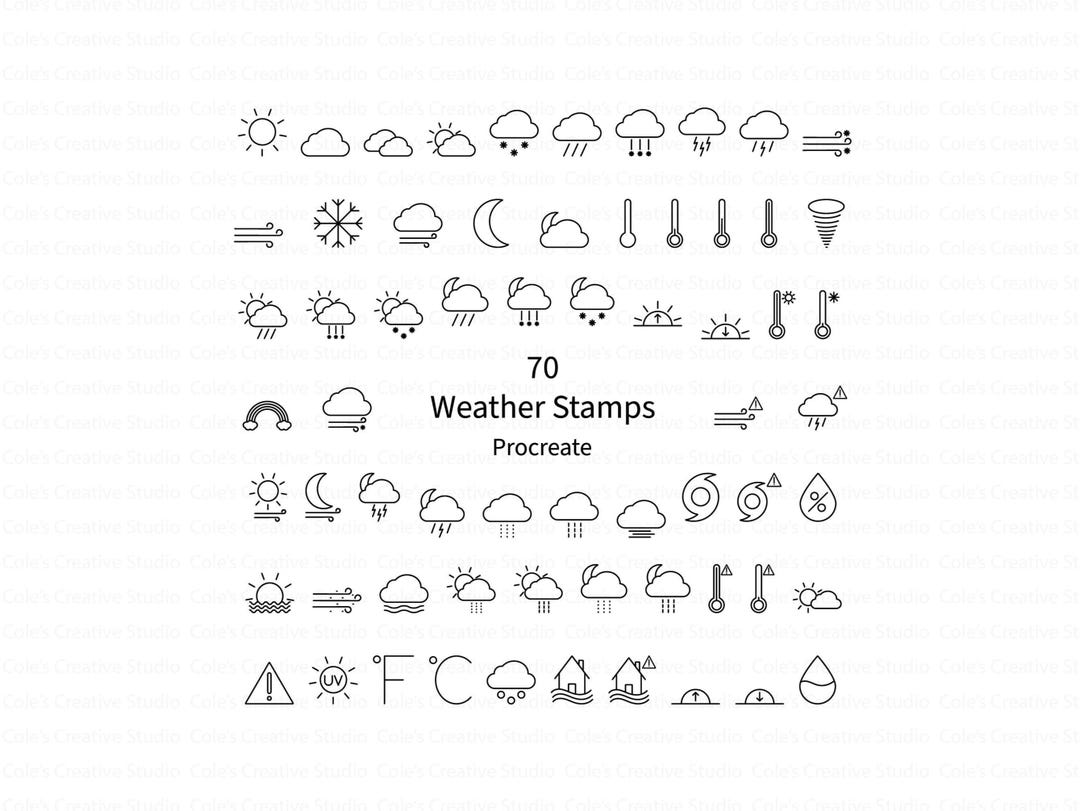 70 Weather Symbol Brush Stamp Set, Weather Icons for Procreate, Digital ...