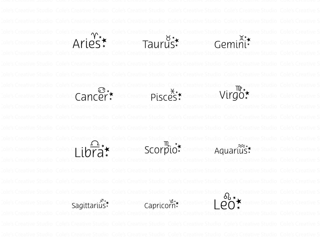12 Zodiac Font Art Svgs, Celestial Zodiac Vector Designs, Zodiac SVG ...