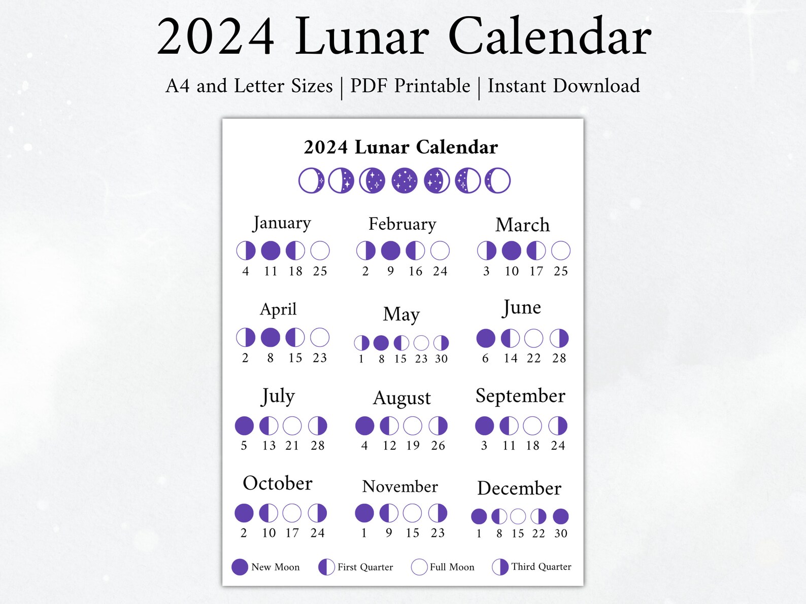 2024 Moon Calendar, Moon Phase Calendar, Lunar Calendar, 2024 Lunar ...