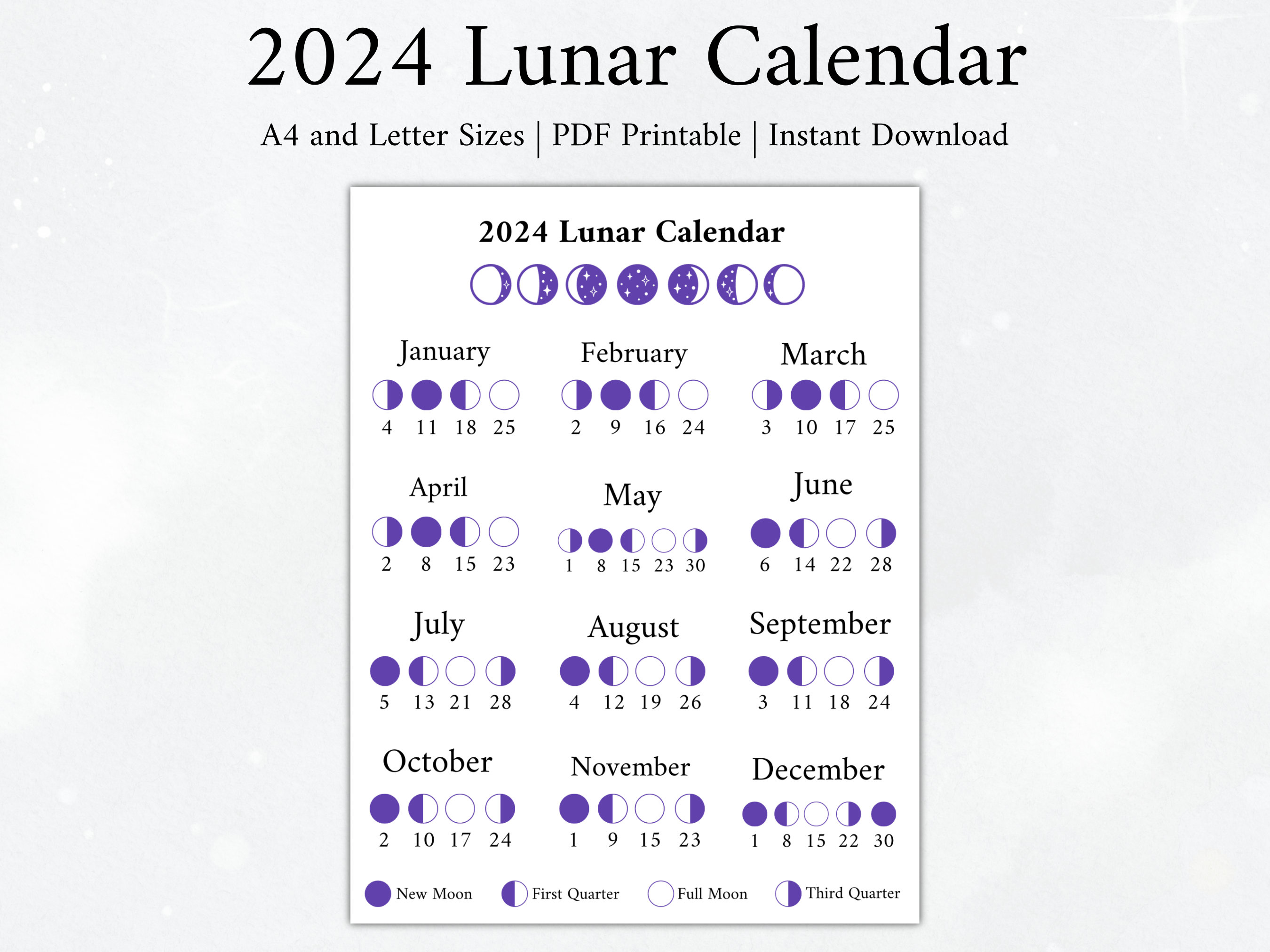 2024 Moon Calendar, Moon Phase Calendar, Lunar Calendar, 2024 Lunar ...