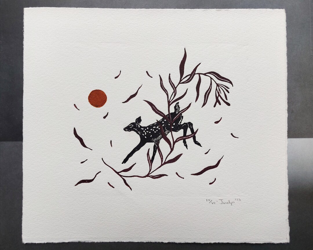 Deer Artwork, Deer Print, Original Linocut Print, Lino Print, Botanical ...