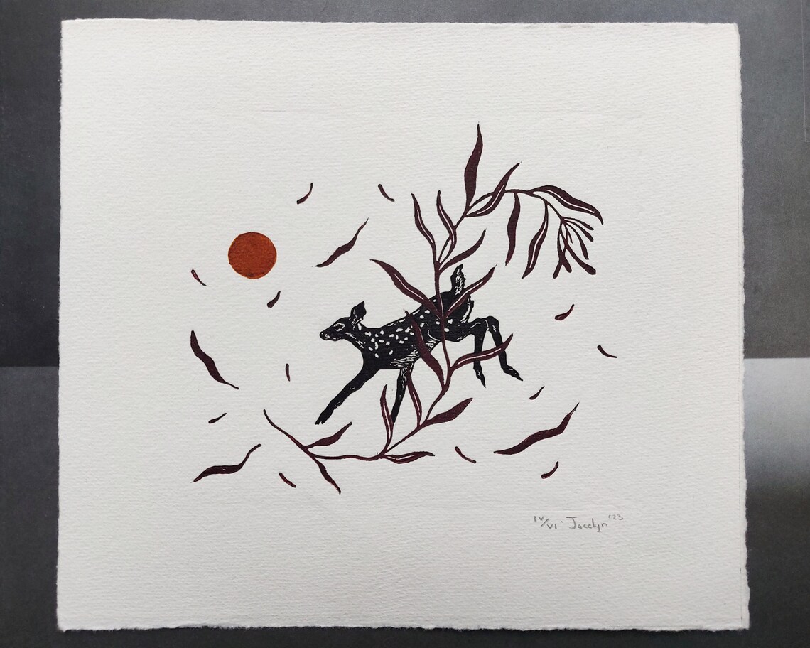Deer Artwork, Deer Print, Original Linocut Print, Lino Print, Botanical ...