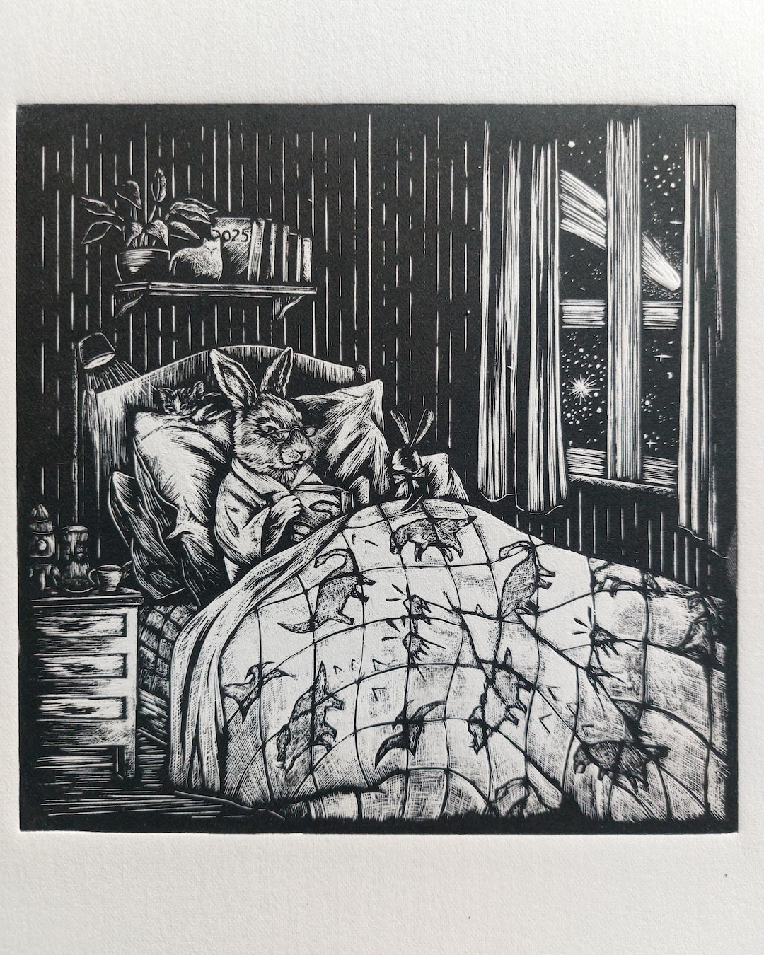 Reading Rabbit, Original Linocut, Lino Print, Books, Limited Edition - Etsy