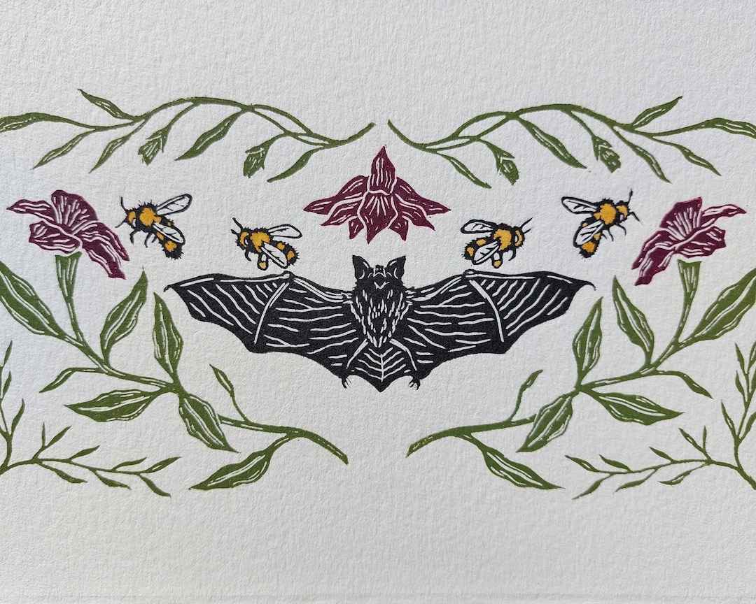 Bat Print, Bat Artwork, Original Linocut Print, Lino Print, Bees ...