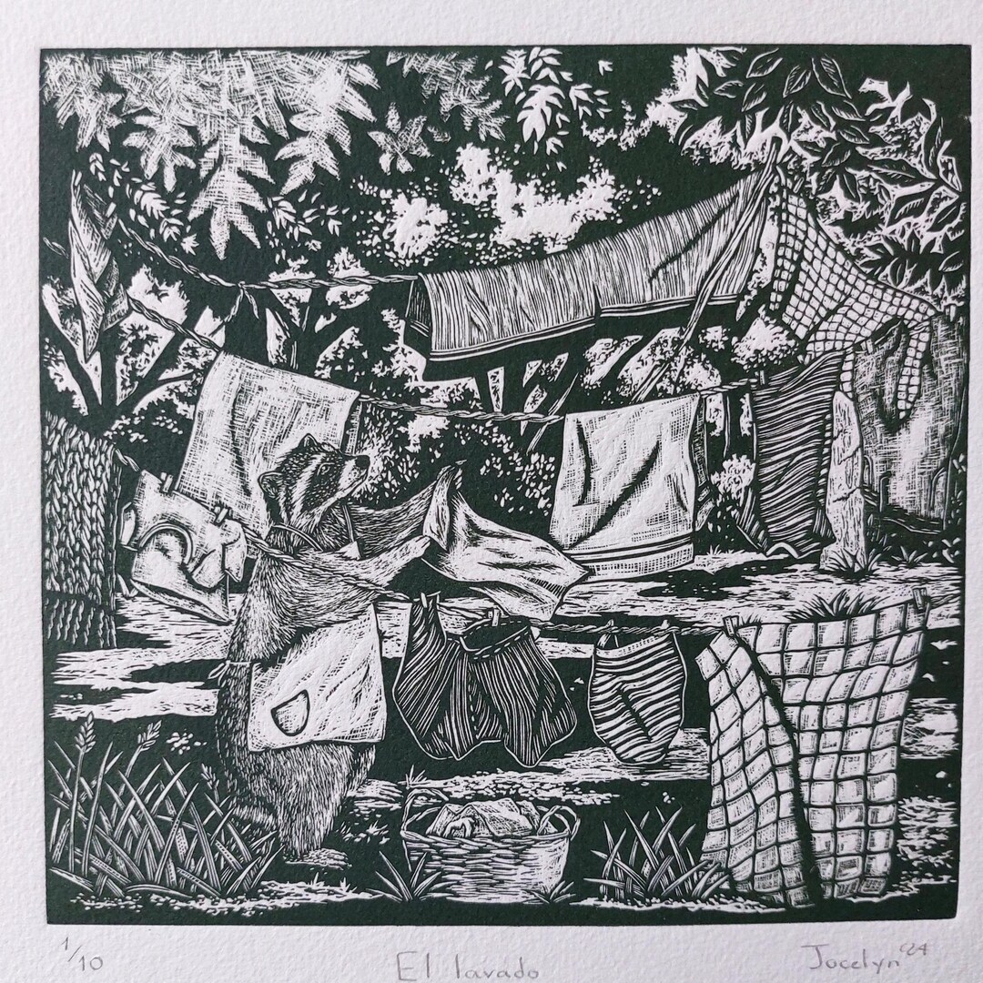 Raccoon Artwork, Raccon Art Print Original Linocut Print, Clothes Line ...